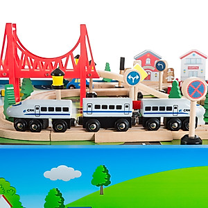 Wooden Train Set Table for Kids, Deluxe Had Painted with Tracks, Cars, Boats, and Accessories for Boys and Girls by Hey! Play!