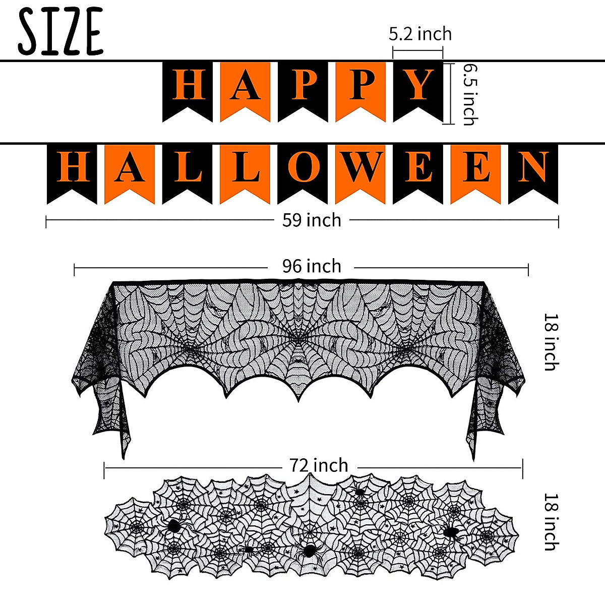 Halloween Decorations Indoor Set , -Halloween Fireplace Mantel Scarf & Round Table Cover & Lace Table Runner &Halloween Banner & 60 pcs Scary 3D Bat for Halloween Party Decorations Black