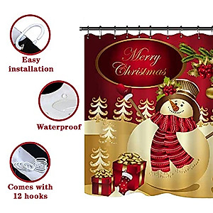 Novobey 4 Pcs Merry Christmas Shower Curtain Sets with Non-Slip Bathroom Rugs, Lid Toilet Cover, Bath Mat, Shower Curtain Christmas Bathroom Decor