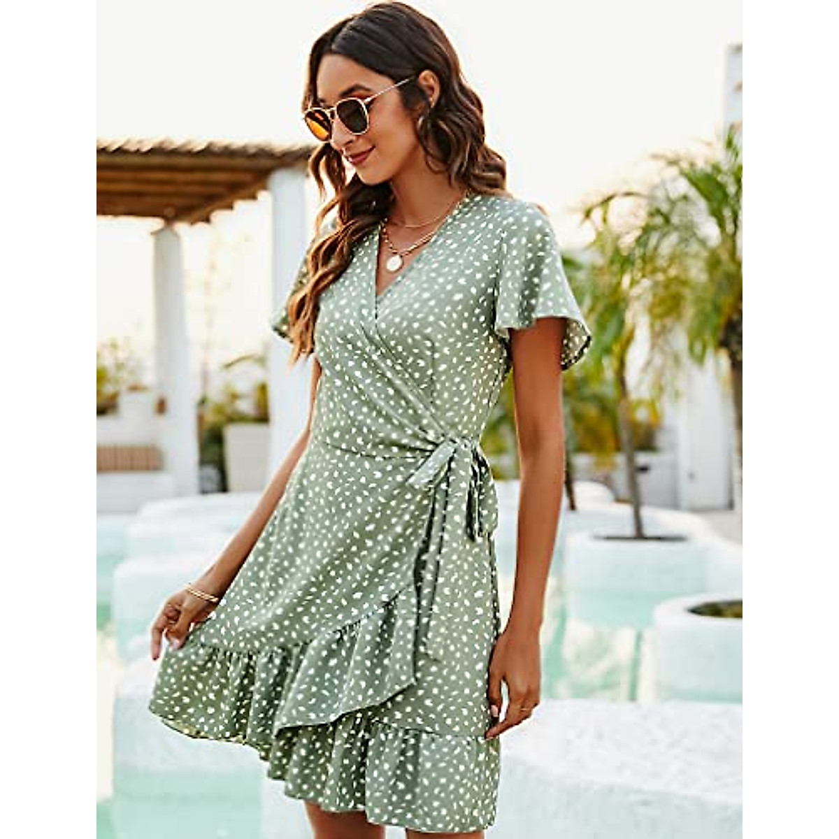 Naggoo Summer Dress for Women Short Wrap Dress Country Dress Sage Green S