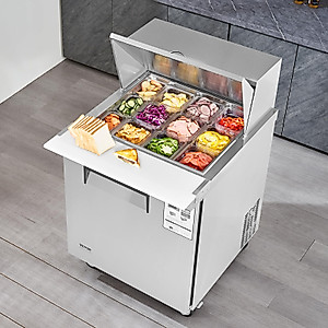 VEVOR 28" Commercial Refrigerator Sandwich & Salad Prep Table, 7.4 Cu. Ft Stainless Steel Refrigerated Food Prep Station with 12 Pans, Cut Board, Frost Free Refrigerator with Lock for Restaurant