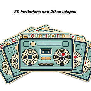 80s Birthday Party Invitations with Envelopes, 20 Set 80's Cassette Tape Shaped Invitations Birthday Bday Party Invites Supplies Favors, Double-Sided