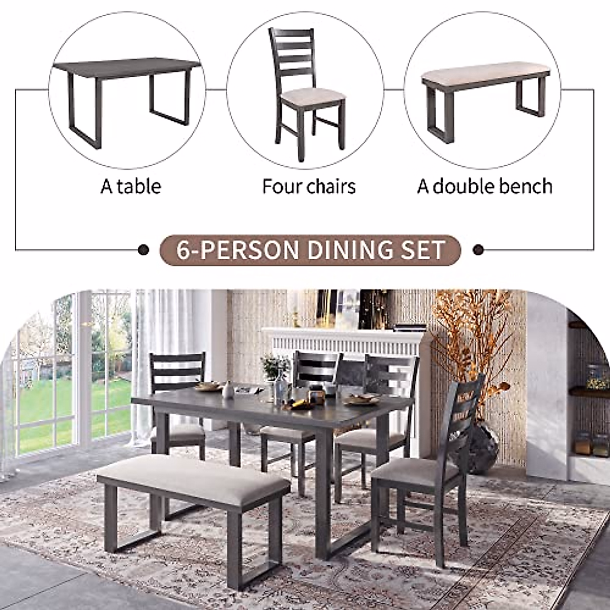 Merax 6 Piece Kitchen Dining Room Set with One Rectangle Table,4 Padded Chairs and Padded Bench Wood Rustic Dining Set of 6 Family Furniture Set for 6 to 8 Persons, Smoky Gray