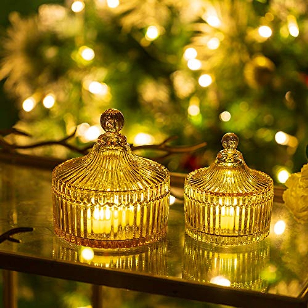 Glass Candy Dish with Lid European Style, Candy Jar Yurt, Glass Food Storage Organization Containers Bowls for Decorative Flour Cookie and Sugar, Amber, Small+Large