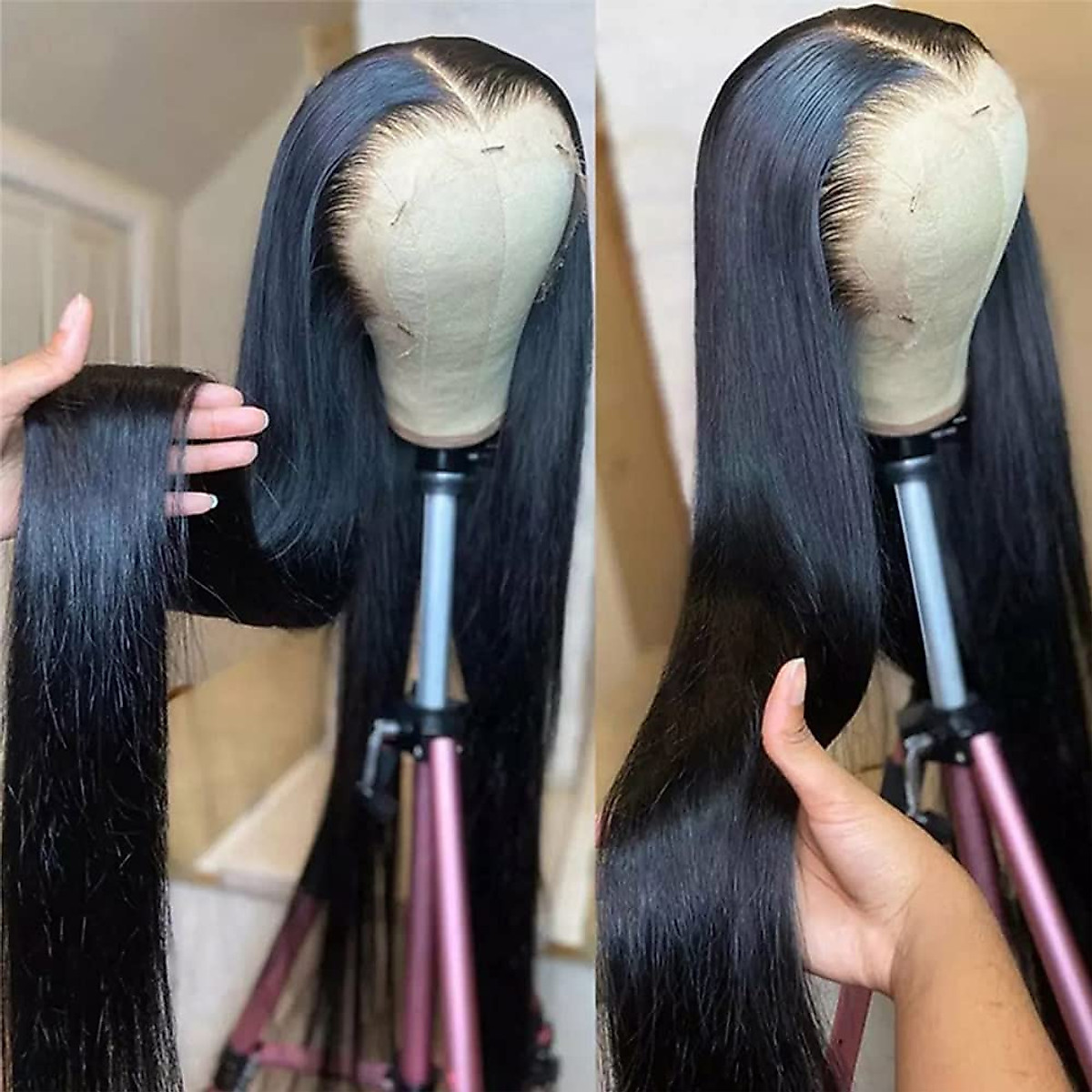 ANDRIA 13x4 HD Lace Front Wigs Straight Hair Glueless Lace Wigs Synthetic Long Silk Straight Natural Wig Heat Resistant Fiber Natural Black Hair Wig With Baby Hair For Black Women 24 Inches