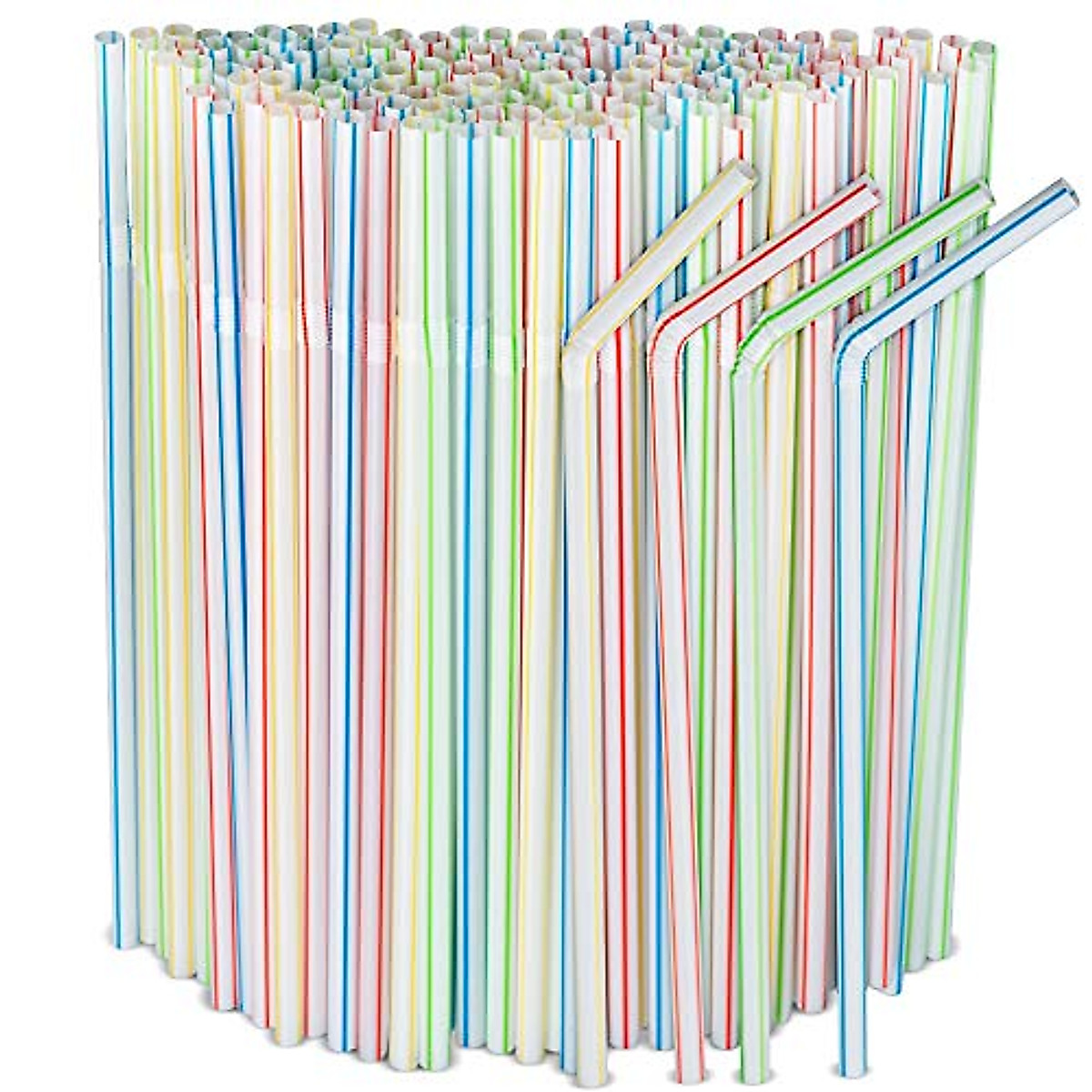 [250 Pack] Striped Flexible Plastic Drinking Straws Disposable Straw 8'' inches Tall Assorted Colors