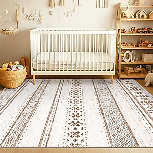 BESTSWEETIE 9x12 Area Rugs for Living Room Washable Moroccan Farmhouse Neutral Geometric Low Pile Non-Slip Soft Print Pattern Rug for Bedroom Kitchen Dining Room Entryway Cream/Brown/Pink