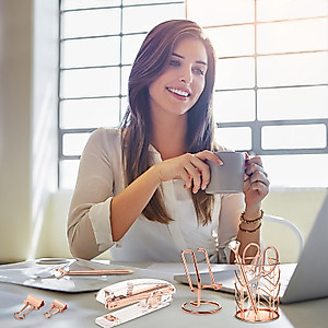 Rose Gold Office Supplies and Accessories, Acrylic Stapler, Staple Remover, Tape Dispenser, Pen Holder, Phone Holder, Scissors, Paper Clips, Binder Clips, 2 Pen and 1000 pcs Staples