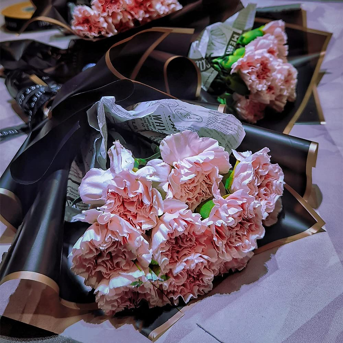 120 Pcs Gold Edge Flower Wrapping Paper, Pure Color Translucent Waterproof Bouquet Wrapping Paper Florist Paper for Bouquets Gift Wedding DIY Crafts Packaging(Black)