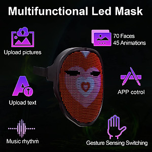 Led Mask with Bluetooth Programmable, Light up Face Mask, for Halloween Masquerade Costume Cosplay Party DJ, Coolest Mask