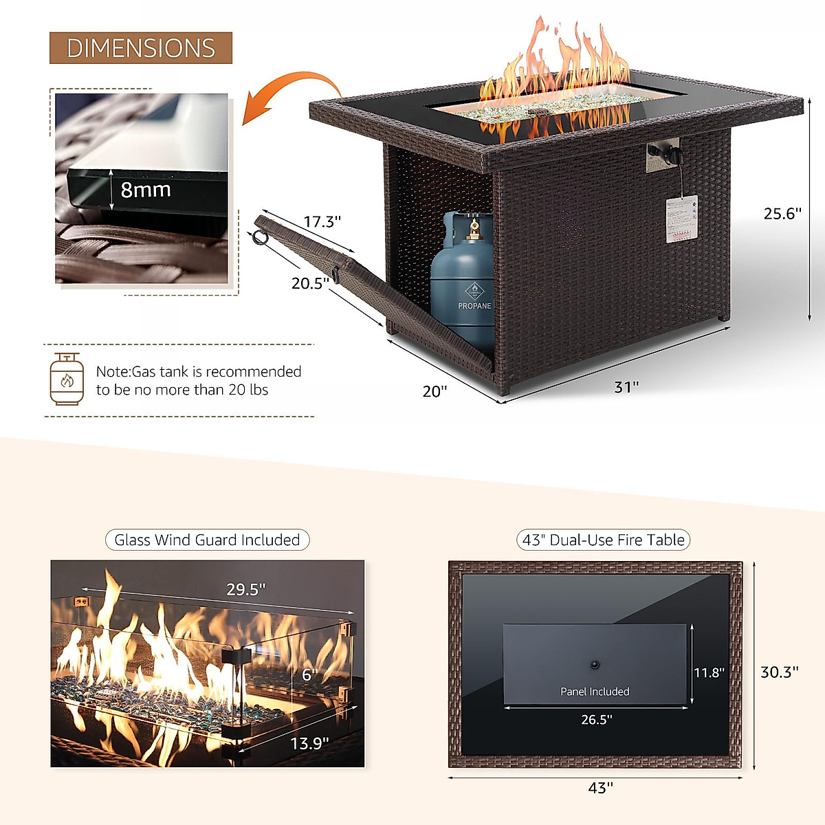 NICESOUL Wicker Outdoor Fire Pit Table Natural Gas/Propane, 43'' Rectangular Firepit Table for Outside, 55000 BTU Patio Fireplace Tables with Windguard&Glass Rocks&Cover, Modern CSA Firepits, Brown