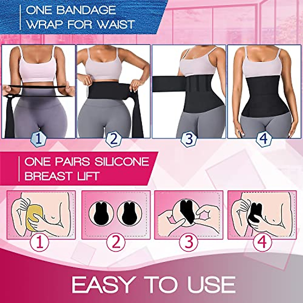 Waist Trainer Wrap Plus Size - Adjust Your Snatch Bandage Wrap Tummy Sweat Wraps - Waist Trainer For Women | Belly Body Shaper Compression Wrap | Gym Accessories Black | Bonus Gift Breast Lift Tape
