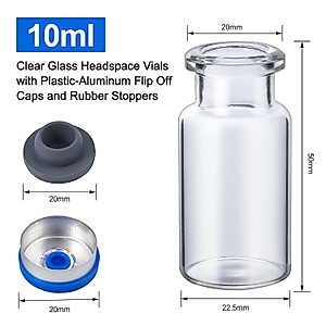 100 Pack 10ml Glass Vials, Clear Glass Headspace Vials with Plastic-Aluminum Flip Off Caps and Rubber Stoppers, 20mm Transparent Flat Bottom Lab Vial