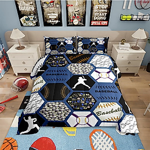 Erosebridal Baseball Bed Set for Boys,Baseball Player Comforter for Kids,Geometric Honeycomb Bedding Set Twin Size,Sports Ball Game Patchwork Quilt Set with 1 Pillowcase Lightweight