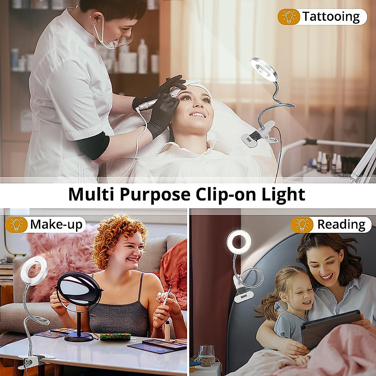 Skymore Clip on Light -3 Color Modes&10 Brightness LED Reading Desk Light with Clamp Flexible Gooseneck Book Light for Kids' Bedtime Reading, Zoom Meetings, Clip on Table, Headboard, Dorm&Office Use