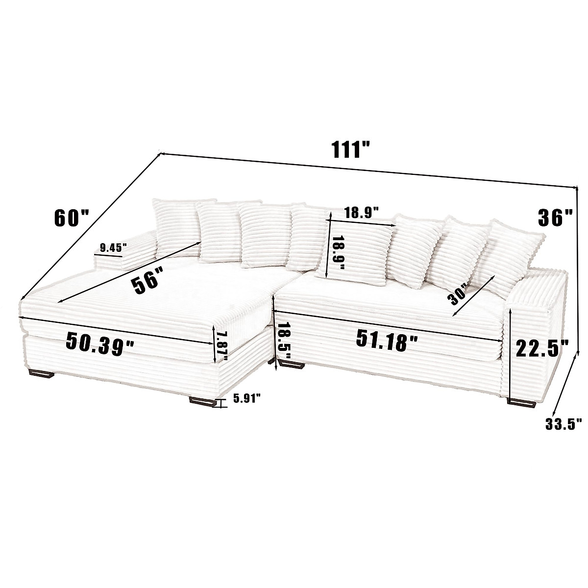 WILLIAMSPACE 111" Sectional Sofa Couch for Living Room, Modern Upholstered L-Shape Sofa 3 Seater Couch with Chaise & Pillows, Contemporary Corner Sofa for Apartment, Corduroy (Left-Facing,Gray)