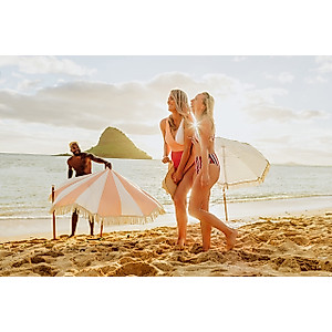 Beach State Summerland 6.5 Feet Beach Umbrella with Fringe - Outdoor Umbrella - UV50+ Sun Protection (Pink Salt Stripes)