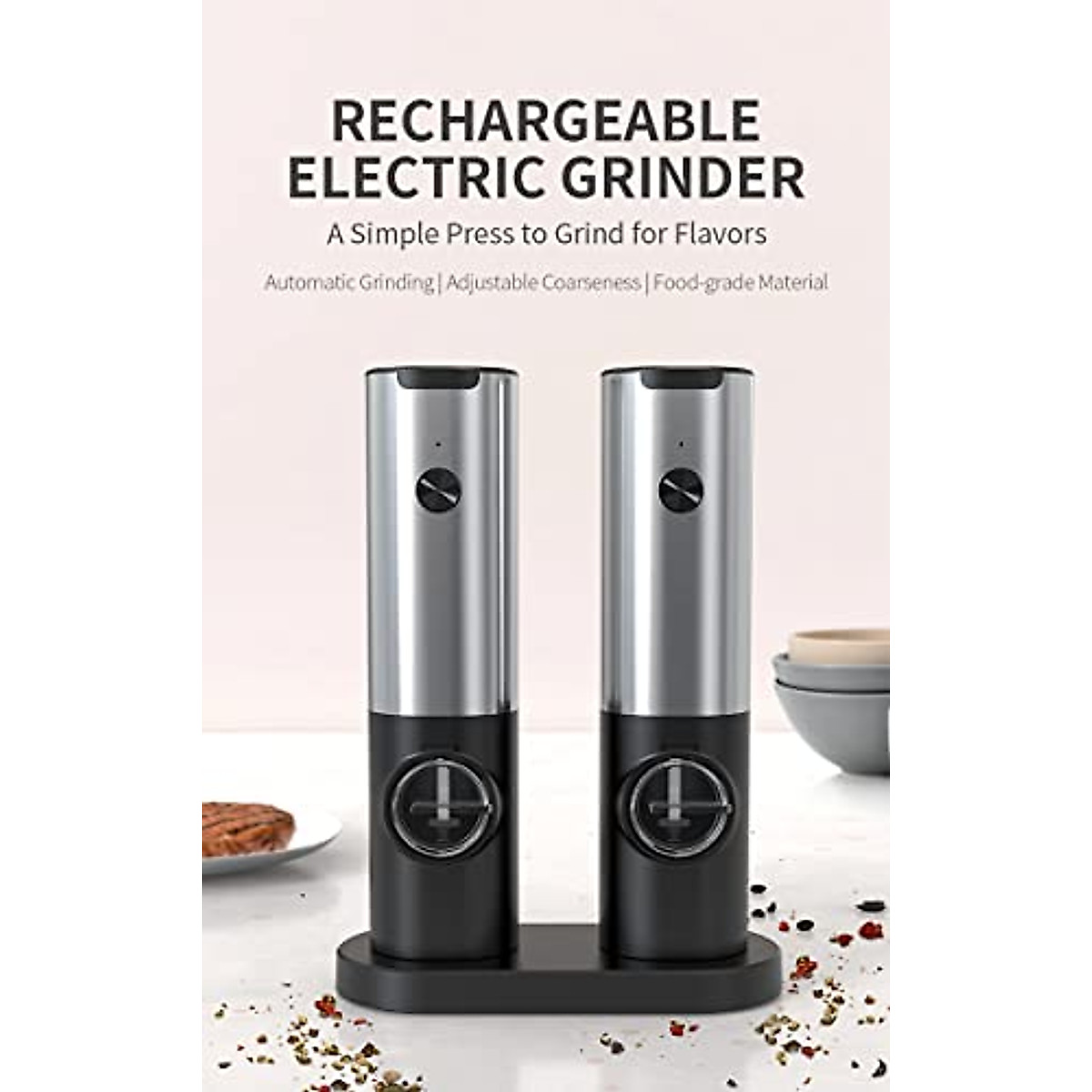 Electric Salt and Pepper Grinder Set, Rechargeable Powerful long Lasting Automatic Salt and Pepper Mill, Refillable Pepper Mill, Adjustable Coarseness, One Hand Operation By INKNA