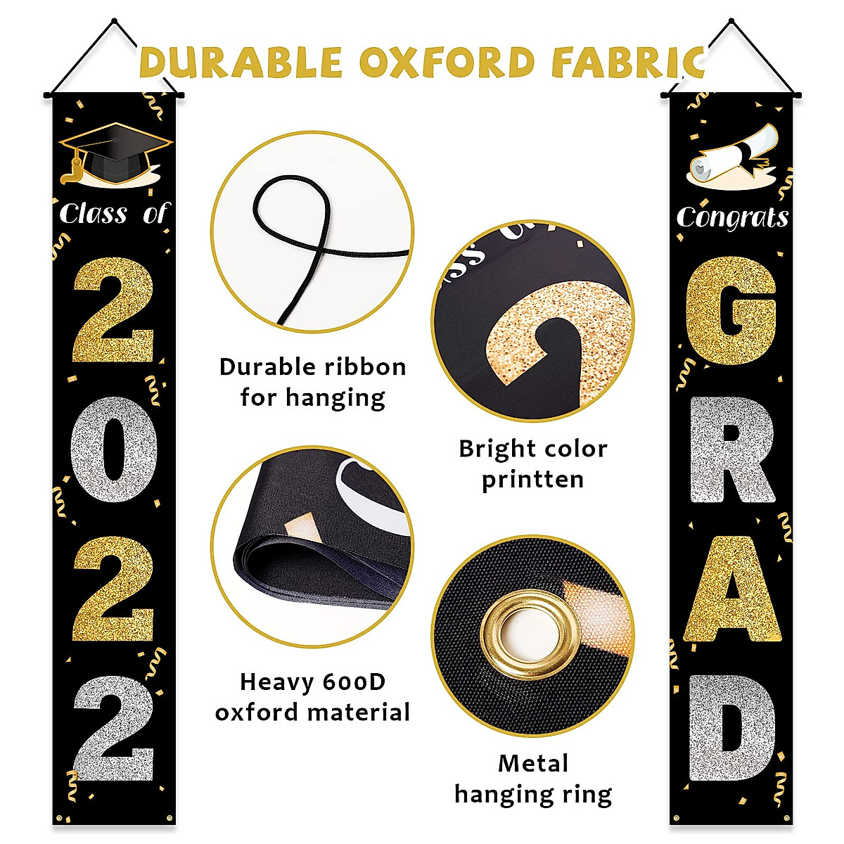 2022 Graduation Decorations Banner, Class of 2022, Congrats Grad Banner, Graduation Hanging Flag Porch Sign, Graduation Party Decorations Supplies for Indoor/Outdoor/Home/Door/Wall Decor (Black Gold)