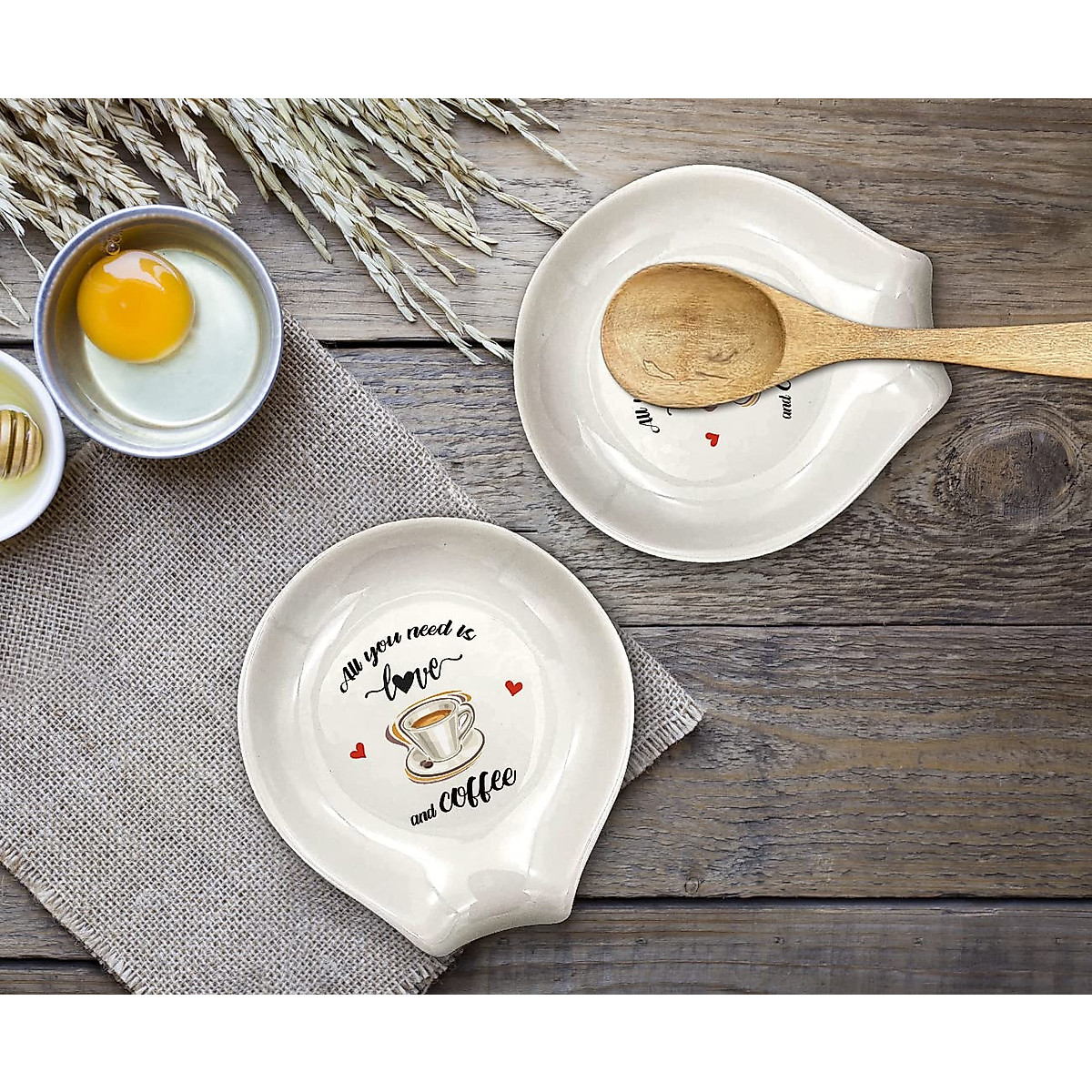 WHING Farmhouse Kitchen White Ceramic Coffee Tea Spoon Rest Holder, All We Need Is Love and Coffee - Coffee Station Decor Gift for Coffee Lovers Girlfriend Wife Husband Anniversary Friends