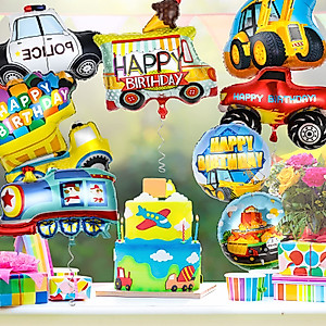 10 Pieces Transportation Birthday Party Decoration for Boys Car Balloons Ice Cream Cart School Bus Fire Truck Train Police Bulldozer Pickup Truck Truck Oval Balloons Foil Balloons