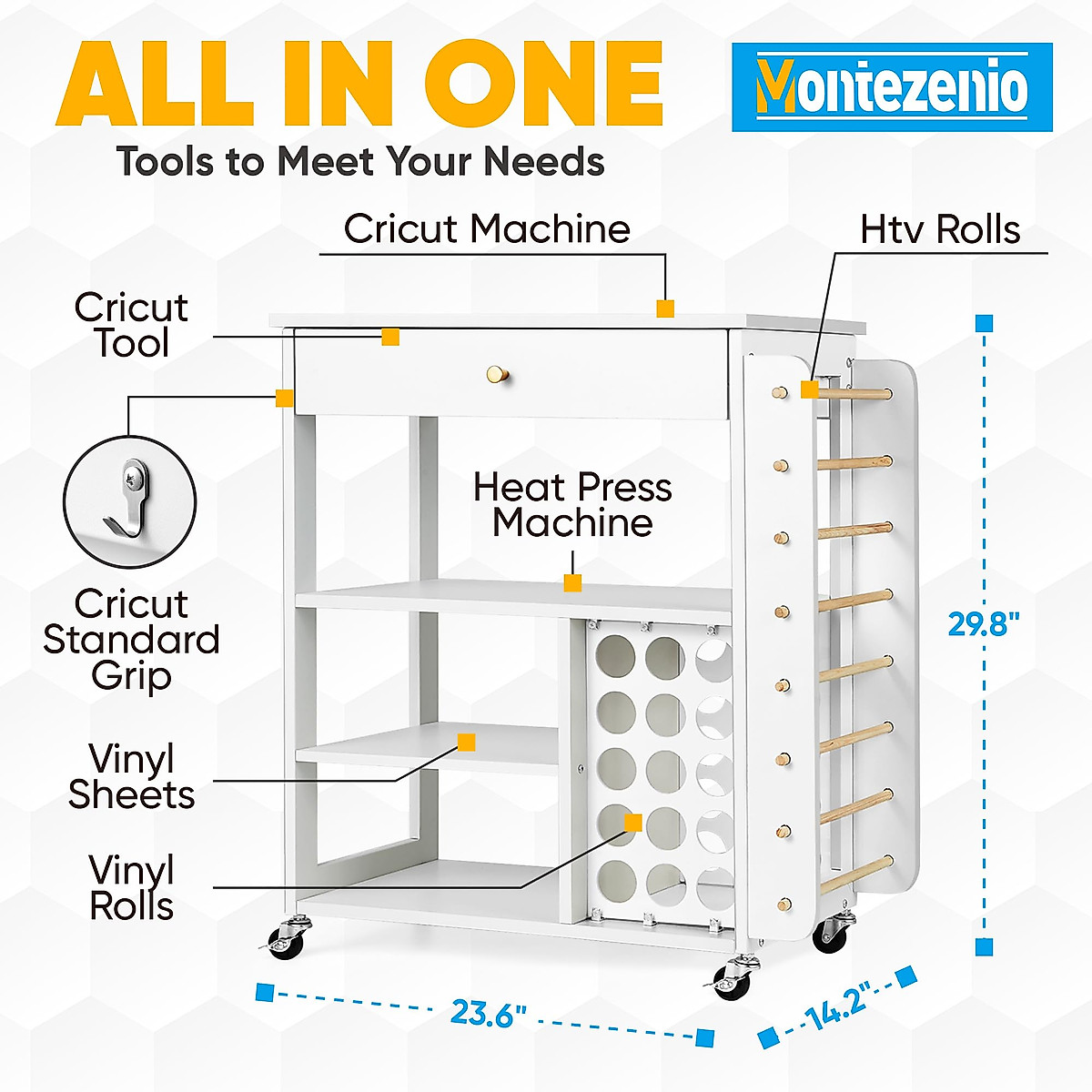 Rolling Cricut Craft Storage, Mobile Cricut Vinyl Organization Storage with 23 Vinyl Roll Holder, Craft Table Stand with Wheels, Crafting Cabinet Workstation with Large Drawers for Room Home Office