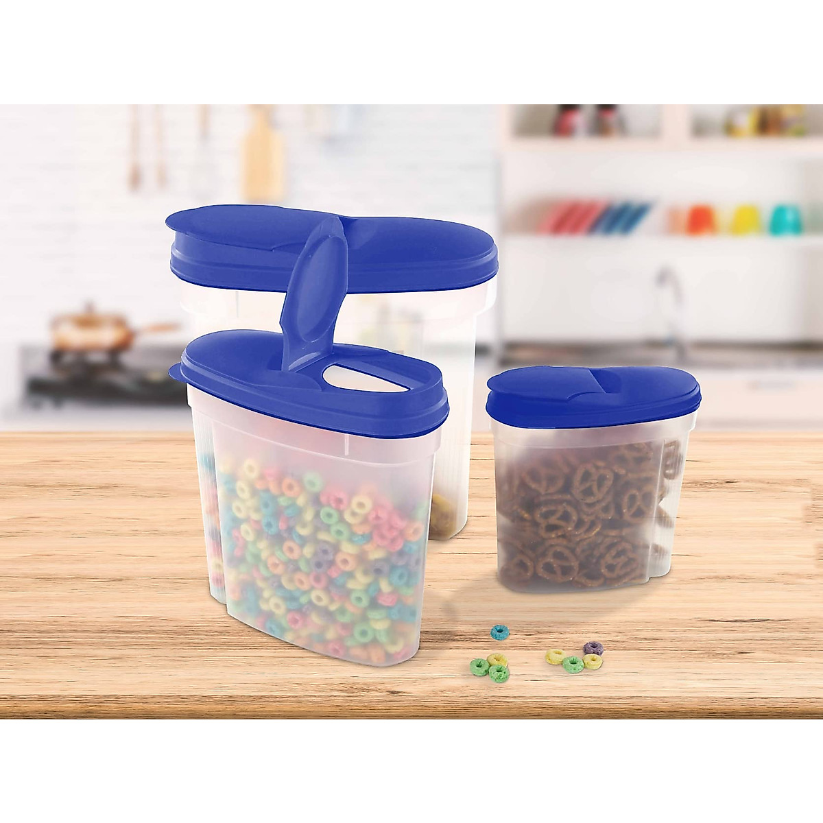 Imperial Home Cereal Dispenser 3 Piece Set, Airtight Plastic Food Storage Containers with Lids, Pantry Organization for Cereal, Flour, Sugar, Any Snack, Keeps Food Dry & Fresh, Clear with Blue Lids