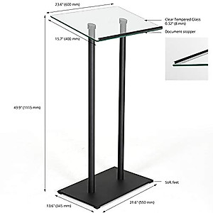 M&T Displays Tempered Clear Glass Podium Black Aluminum Body and Base 43.9 Inch Height Floor Standing Lectern Pulpit Desk