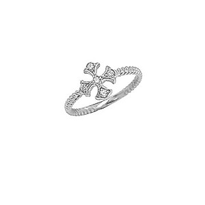 Takar Fine Sterling Silver Dainty Diamond Heraldic Cross Statement Rope Ring (Size 7)