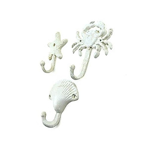 MY MIRONEY 3 Pieces Starfish Seashell Crab Coats Hooks White Beach Ocean Theme Towels Key Hooks Cast Iron Decorative Wall Hooks with Screws