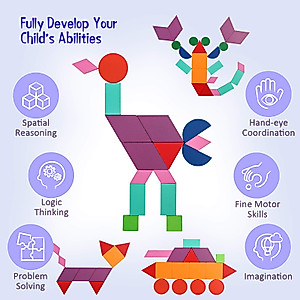 Coogam Wooden Magnetic Shape Puzzle Pattern Blocks Set, Tangram Geometric Manipulative Brain Teasers Toy Montessori Magnet Board Puzzle STEM Gift for Kids with 80 Challenges