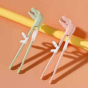 Training Chopsticks - Cute Beginner Chopsticks - Children's Cutlery and Learning Utensils With attachable Trainer - Encourage Fine Motor Skills and Healthy Eating Habits - Green Dinosaur