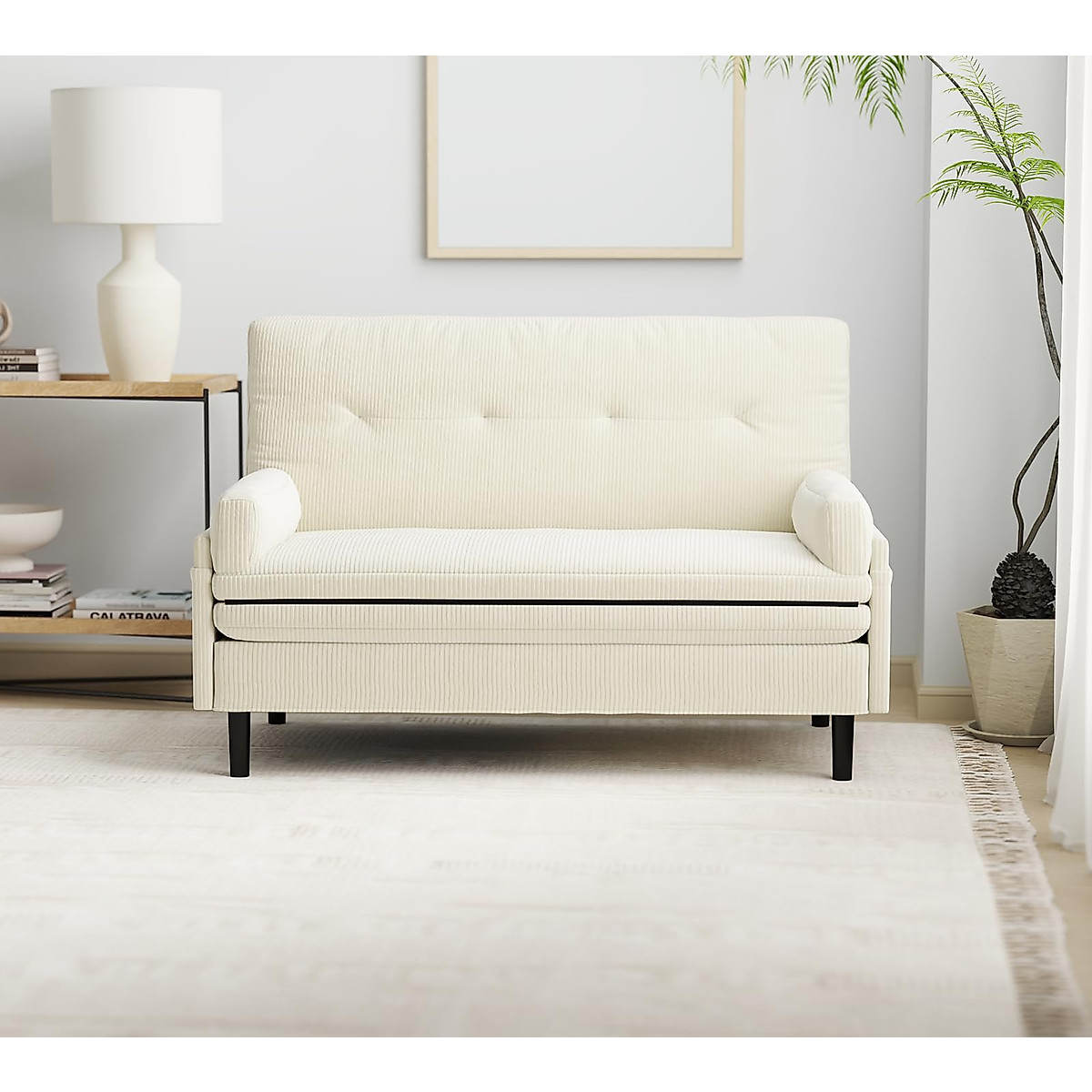 3 in 1 Sleeper Sofa Couch Bed, Convertible Loveseat Futon Sofa with 5 Level Adjustable Backrest, Corduroy Pull Out Couch, Modern Love Seat Pullout Bed for Small Space Living Room, Bedroom, Ivory
