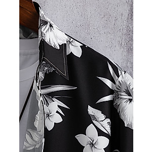 WDIRARA Men's Button Up Short Sleeve Cat Print Beachwear Striped Pocket Hawaiian Shirt Collar Top Shirts Floral Black White XXL