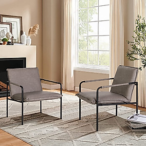 MAISON ARTS Steel Frame Leather Accent Chair Mid Century Modern Lounge Arm Chair Soft Upholstered for Home Office Study Living Room, 350LBS Bear Capacity, Grey