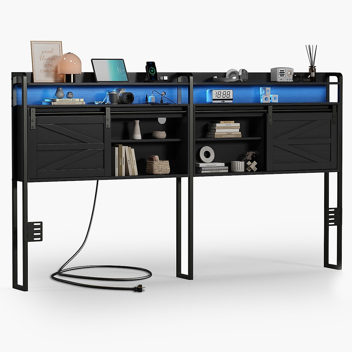 wanan King Size Headboard with Storage, 3 Tier King Headboard Only with Outlets, USB Ports and LED Light, Storage King Size Headboard with Sliding Barn Doors, Width Adjustable