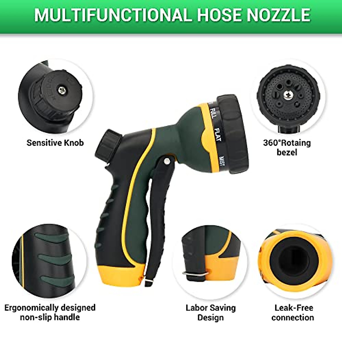 NGreen Garden Hose Sprayer Nozzle - Water Spray with 8 Adjustable Patterns, Impact Resistant and Non-Slip for Watering Plants, Pets Bathing and Cleaning,Car Washing
