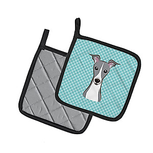 Caroline's Treasures BB1174PTHD Checkerboard Blue Italian Greyhound Pair of Pot Holders Kitchen Heat Resistant Pot Holders Sets Oven Hot Pads for Cooking Baking BBQ, 7 1/2 x 7 1/2