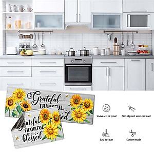 PRUKIVRA Kitchen Rugs and Mats,Non Skid Washable,Sunflower on Light Wood,Set of 2,Anti-Fatigue Comfort Standing Mat for Floor, Office, Sink, Laundry(17"x52"+17"x26")
