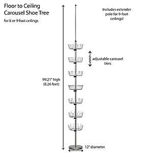 Household Essentials 2197-1 Floor to Ceiling Adjustable 6-Tier Revolving Shoe Rack with Basket - Silver