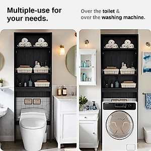 Tydaris Over The Toilet Storage Cabinet - Wood Over Toilet Bathroom Cabinet with Adjustable Shelf and Double Doors, Bathroom Space Saver Organizer, Taller Free Standing Toilet Rack, Black