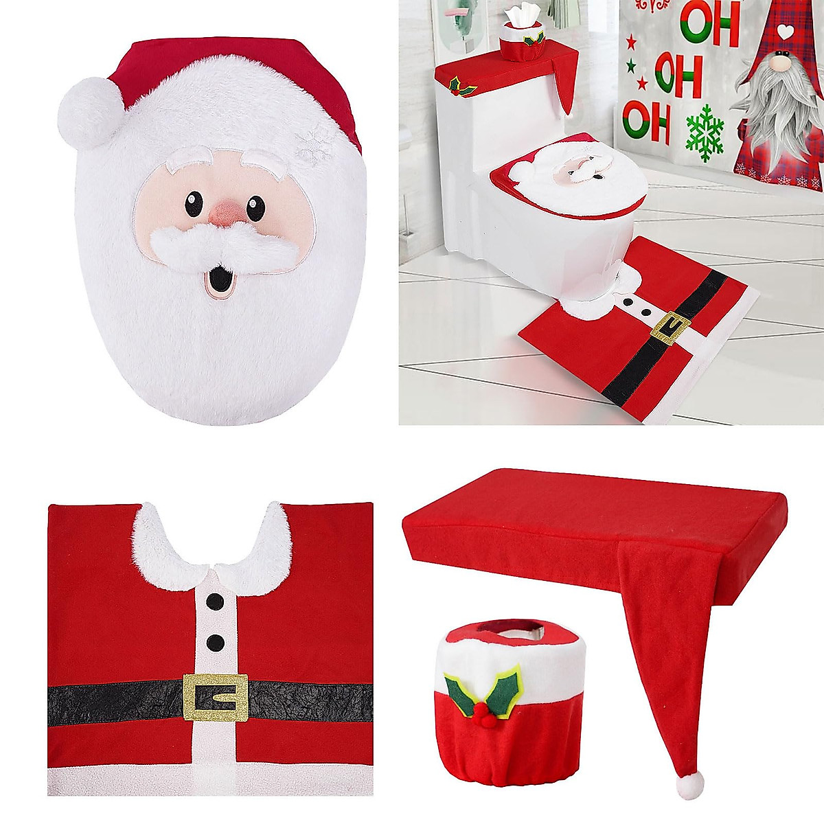 Jesscasday 4Pcs Christmas Theme Bathroom Decoration Set W/Toilet Seat Cover Rugs Tank Cover Toilet Paper Box Cover for Paper Box Cover