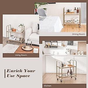 LOKO 2-Tier Foldable Bar Cart on Wheels, Mobile Home Bar & Serving Cart with Tempered Glass Shelf, Rolling Kitchen Island Cart with Powder-Coated Metal Frame, for Dining Room Living Room, Rose Gold