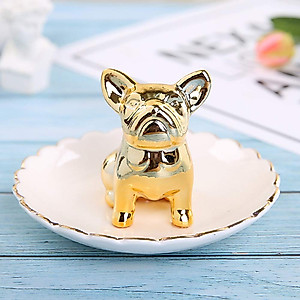 Lependor Dog Ceramic Jewelry Tray Ring Holder Trinket Dish Necklace Earrings Rings Jewelry Organizer Display Jewelry Trinket Holder Home Decoration - Gold Bulldog