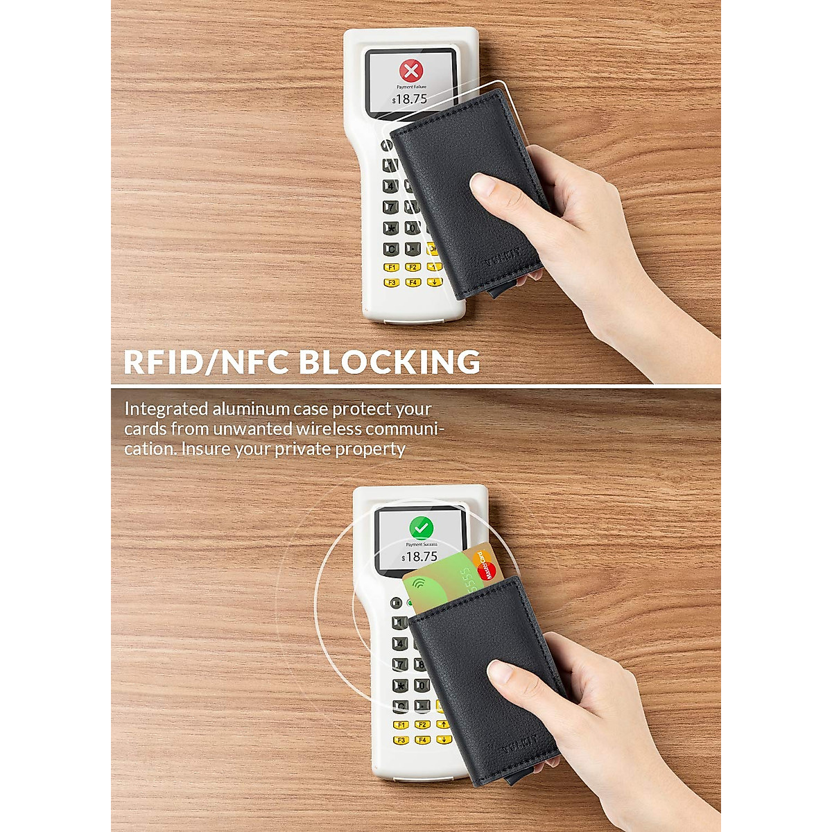 VULKIT Pop Up Wallet Automatic Leather Slim Credit Card Holder RFID Blocking Metal Double Card Case for Men and Women Black