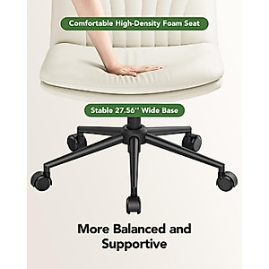 Marsail Armless-Office Desk Chair with Wheels: PU Leather Cross Legged Wide Chair,Comfortable Adjustable Swivel Computer Task Chairs for Home,Office,Make Up,Small Space,Bed Room(Beige)