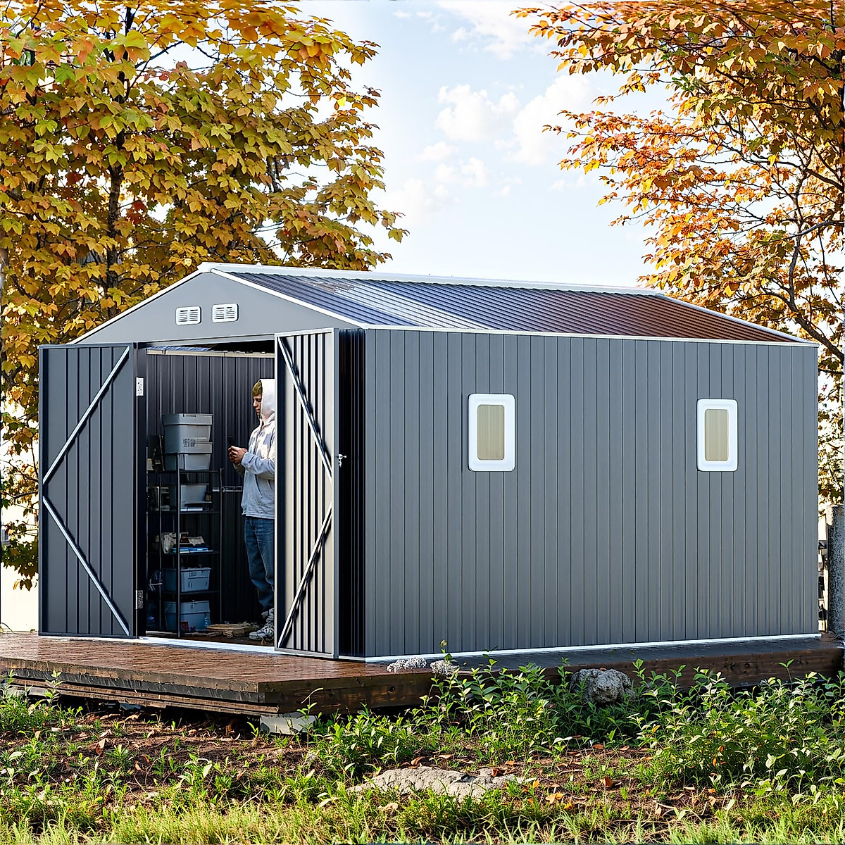 10x12x7 FT Metal Shed Outdoor Storage with Reinforcement, Natural Lighting Tool Sheds with Translucent Roof Panels, Windows, and Lockable Doors, Ideal for Garden, Backyard, and Patio