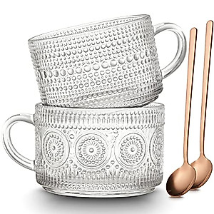 Mfacoy Vintage Coffee Mugs Set of 2, 14 oz Glass Coffee Tea Cups with Handle, Clear Embossed Glass Cups, Tea Cups, Glass Coffee Cups for Cappuccino, Latte, Cereal, Yogurt, Milk, Hot or Cold Beverages