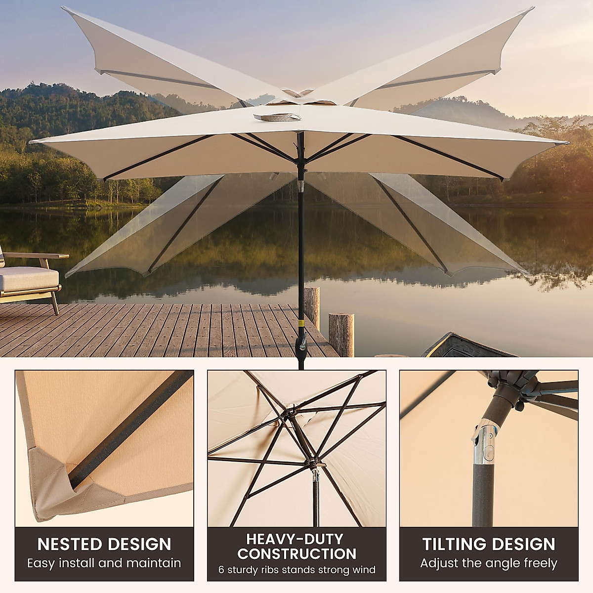 MONDAWE Outdoor Solar LED Patio Umbrella 10 x 6.5 FT Rectangular Market Umbrella with Lights， Tilt and Crank Aluminum Commercial Table Umbrella for Pool Backyard Balcony