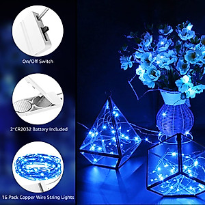Olafus 16 Pack Blue and Multicolor Fairy Lights Battery Operated, Mini Starry String Light Waterproof IP68, 7ft 20 LED Firefly Starry Light Copper Wire for Christmas Decorations Wedding Party DIY